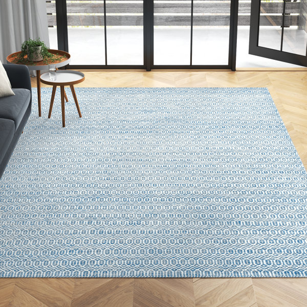 Beachcrest Home Tapis géométrique en laine tissé à la main Rhian en ivoire / bleu et ...